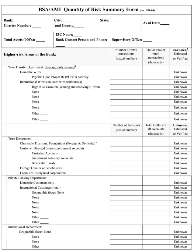 bsa aml quantity of risk spreadsheet | PDF