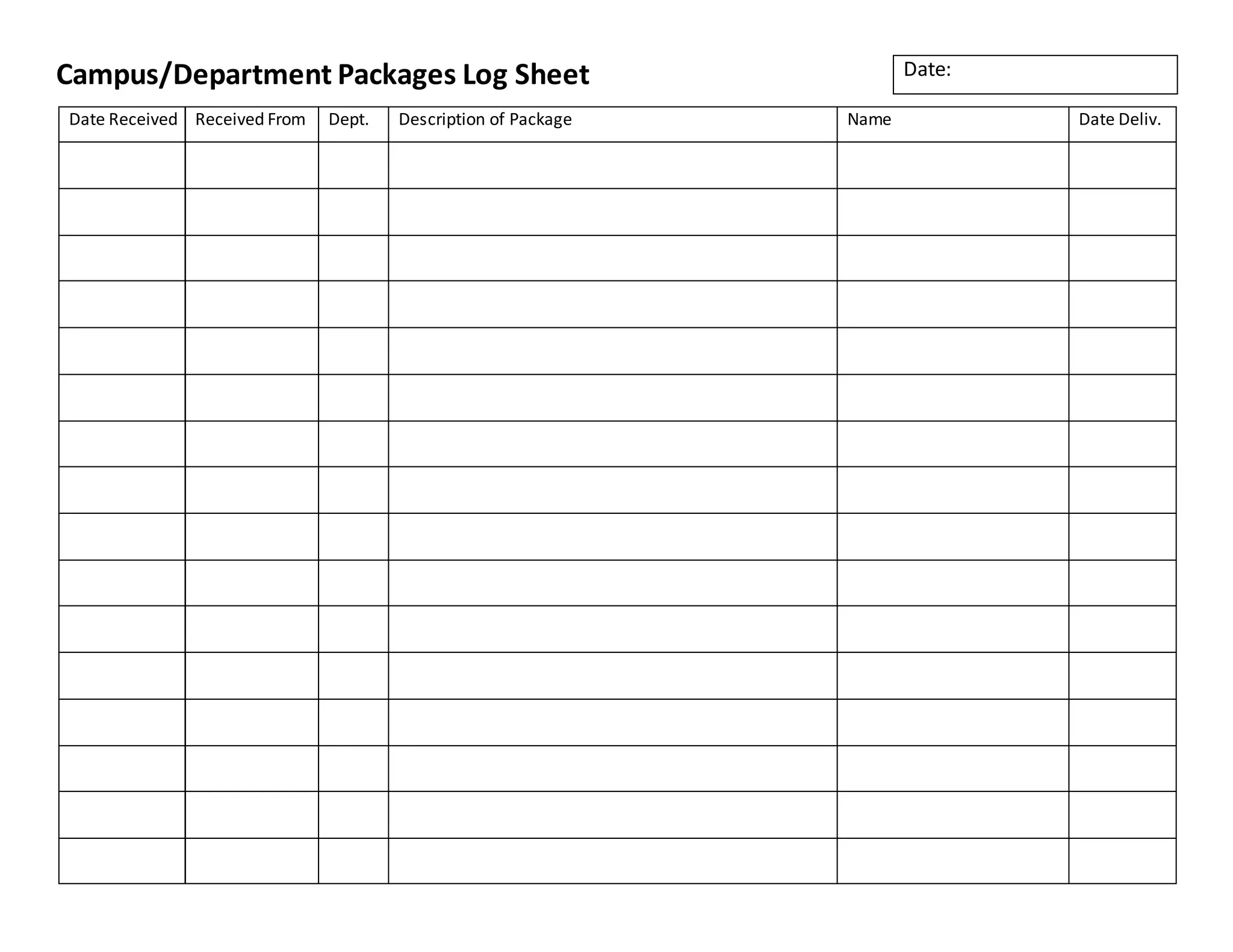 CSC Mail Room Campus-Dept Packages Log Sheet | DOCX