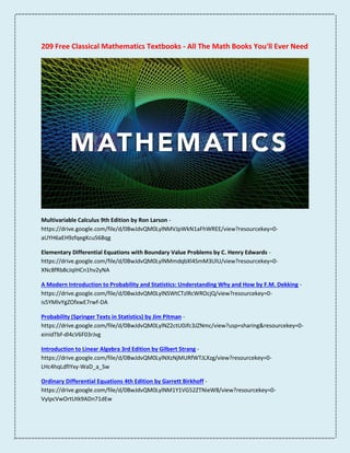 209 Free Classical Mathematics Textbooks - All The Math Books You'll ...
