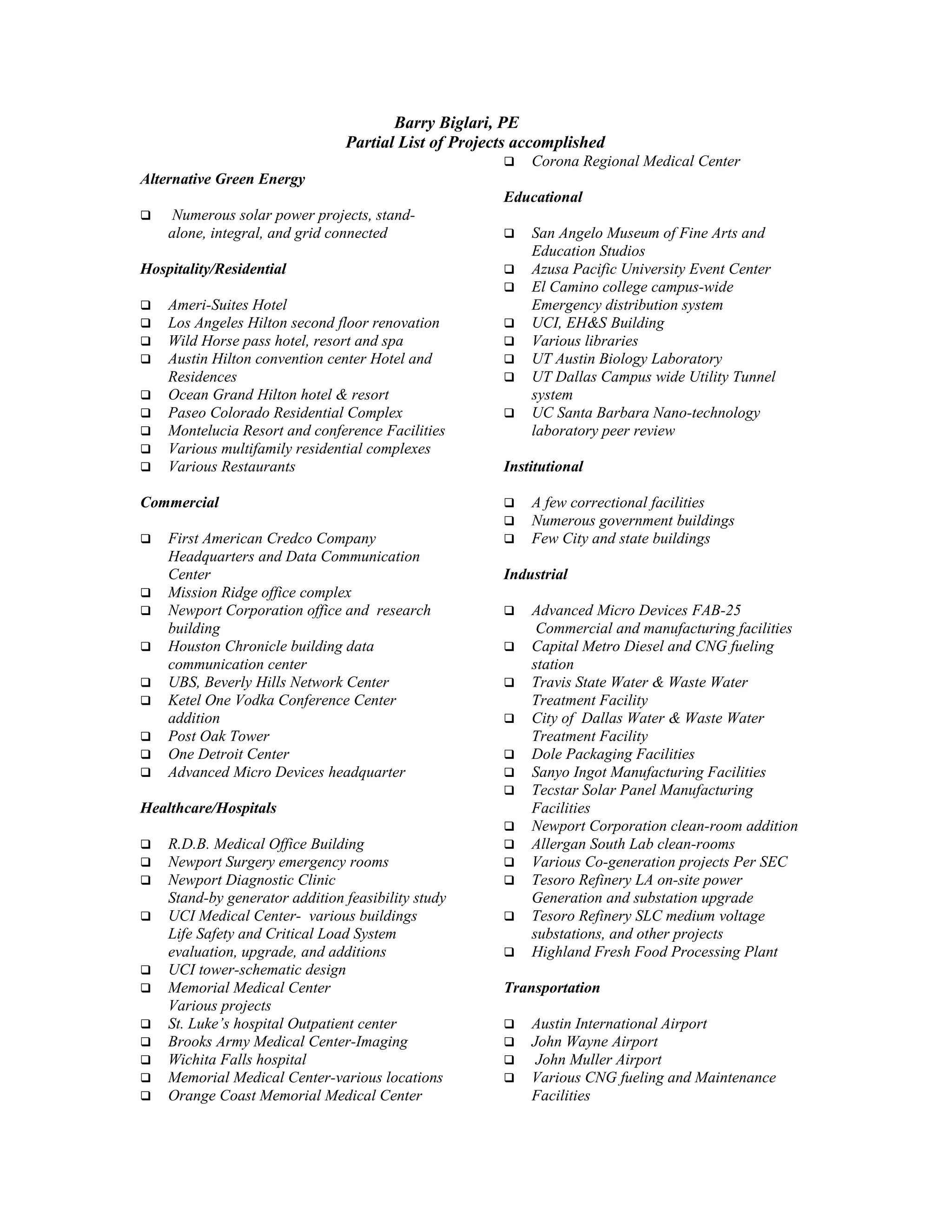 Barry Biglari Partial Projects List-2015 | PDF