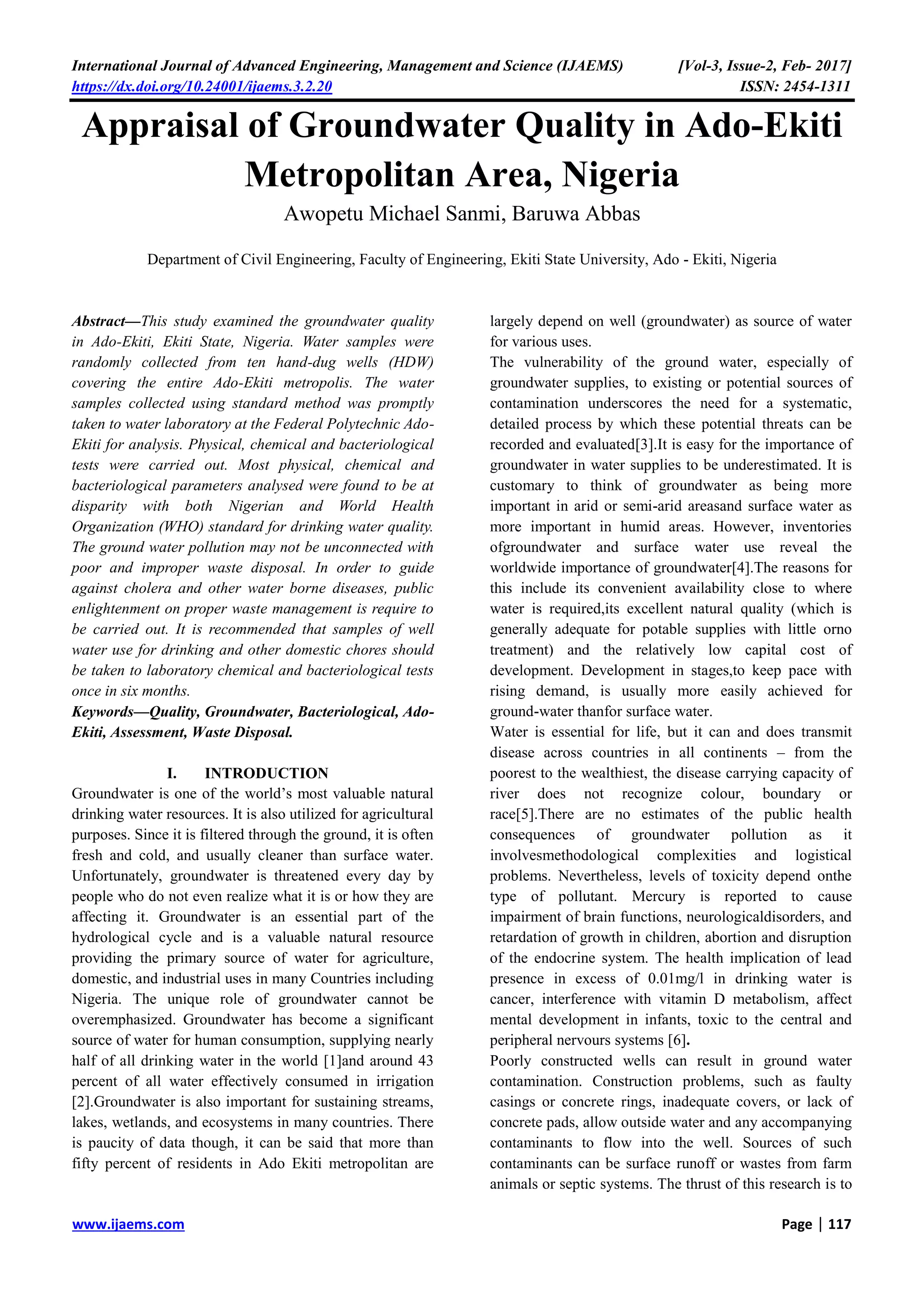 appraisal of groundwater quality in ado ekiti metropolitan area, nigeria | PDF