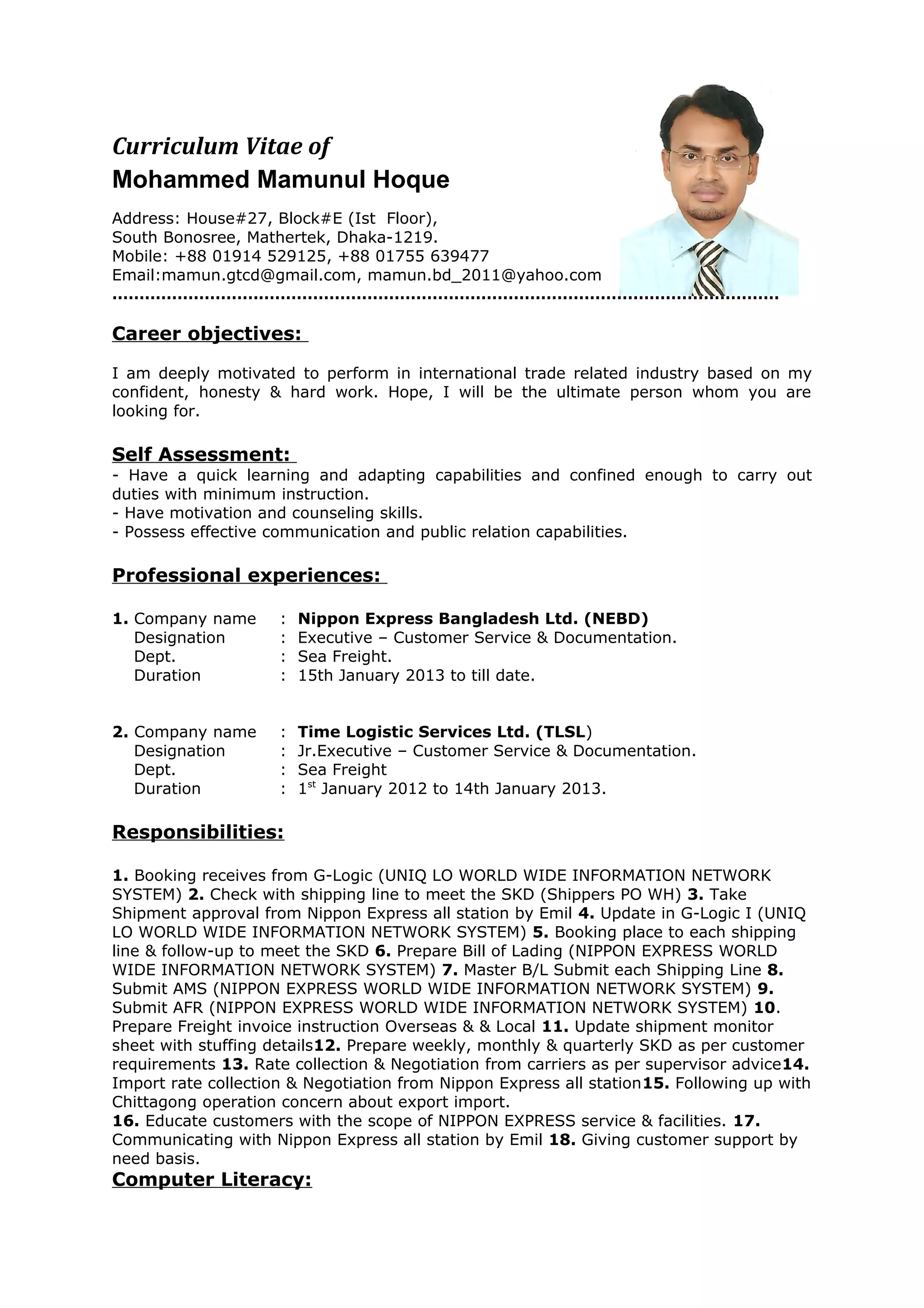 Mamunul Hoque . CV | DOC | Logistics | Business