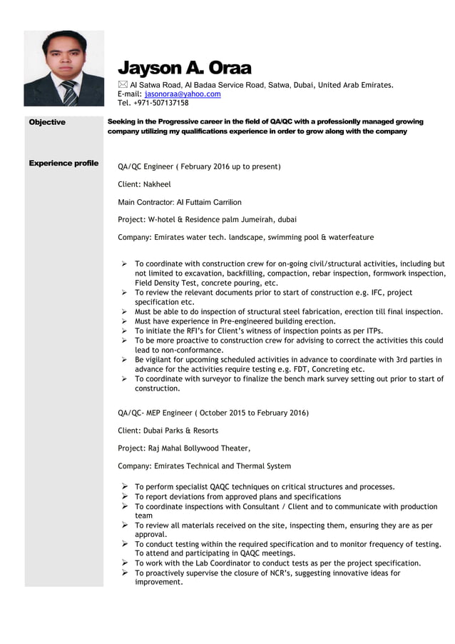 Jayson Oraa QAQC CV | PDF