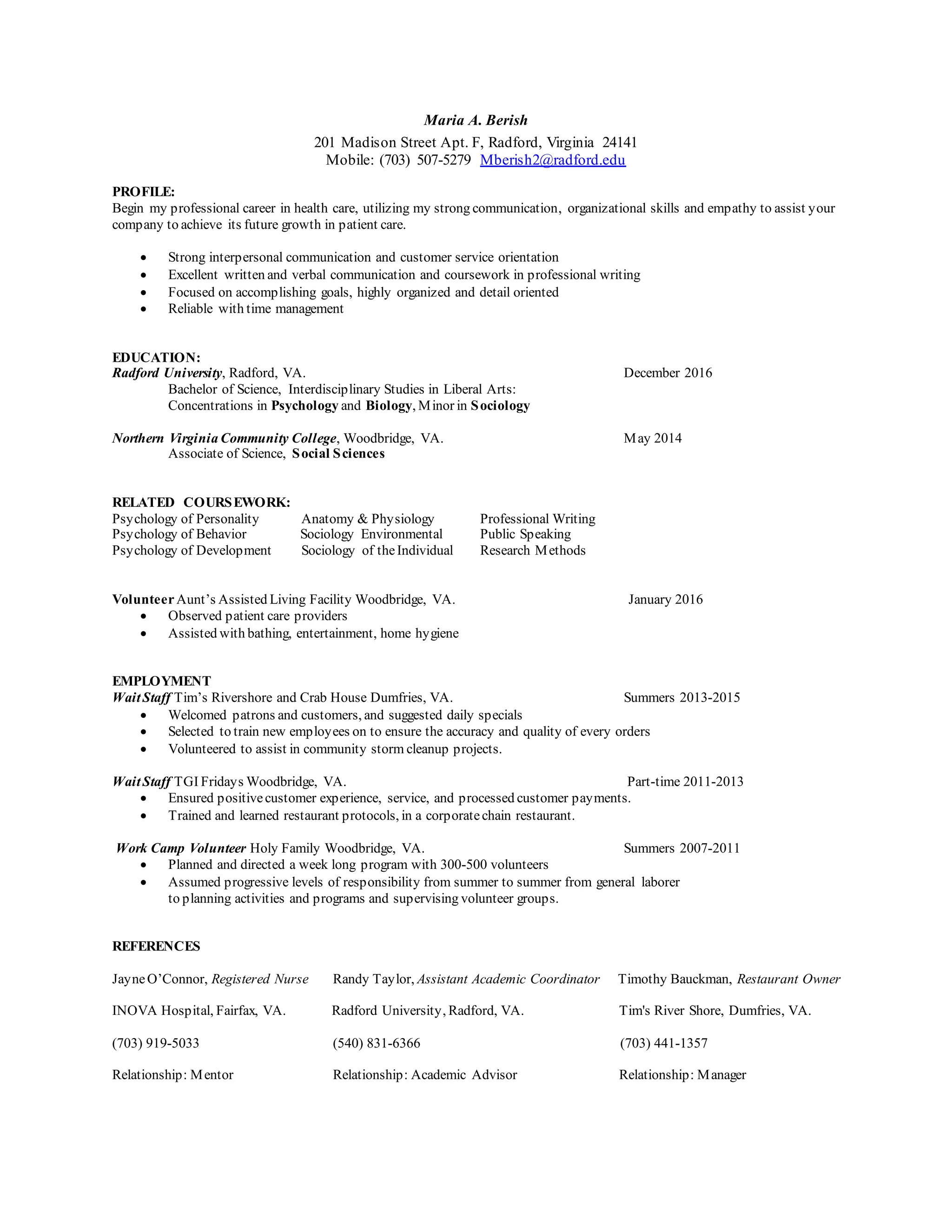 Maria Berish Resume | DOCX | Undergraduate Education | College Education