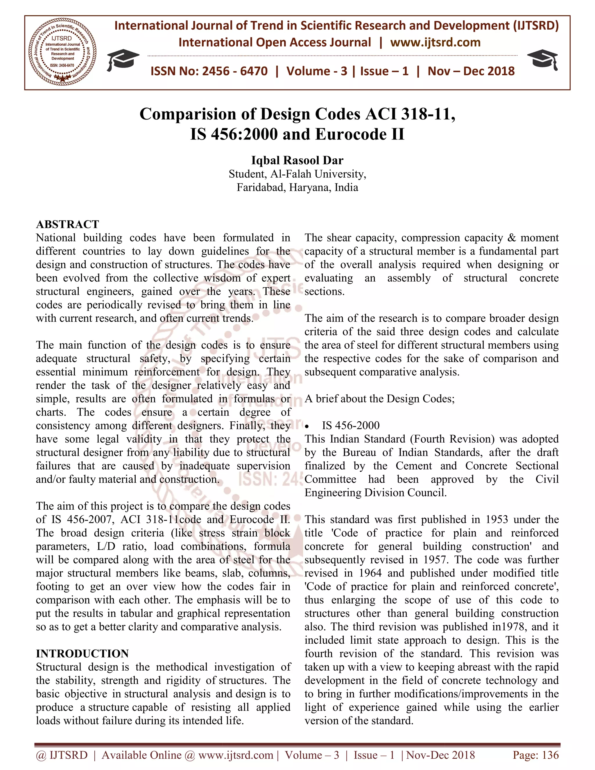 Comparision of Design Codes ACI 318-11, IS 456 2000 and Eurocode II | PDF