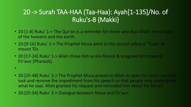 20 contents of surah ta ha | PPTX | Islam | Religion & Spirituality