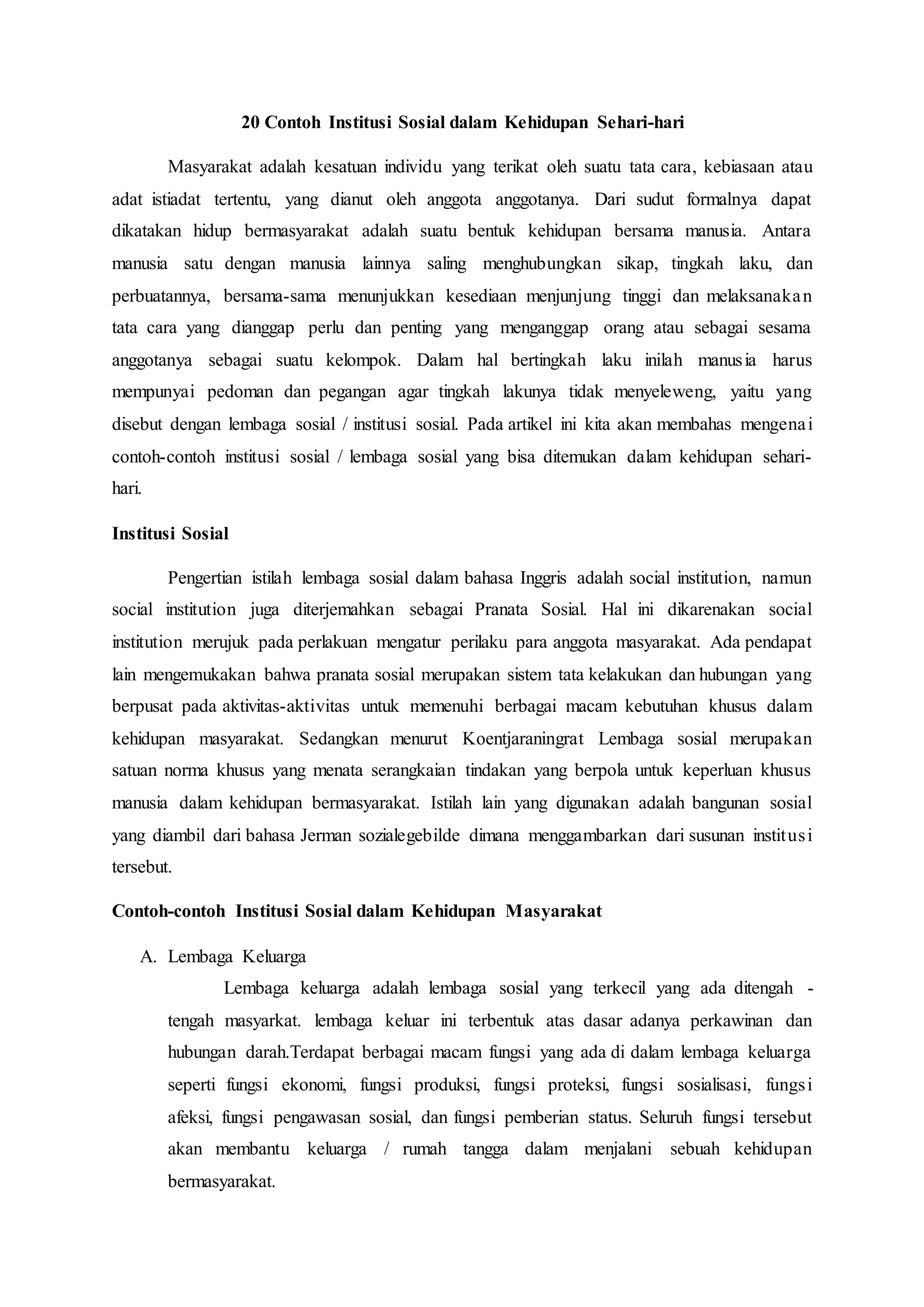 20 contoh institusi sosial dalam kehidupan sehari hari | DOCX