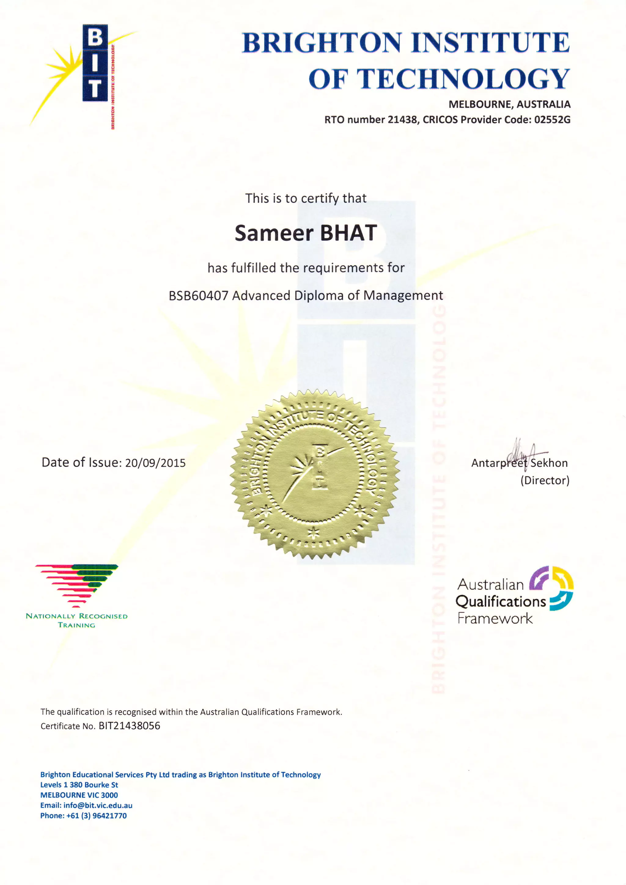 Adv Diploma of Mgmt Certificate and Academic Transcript | PDF