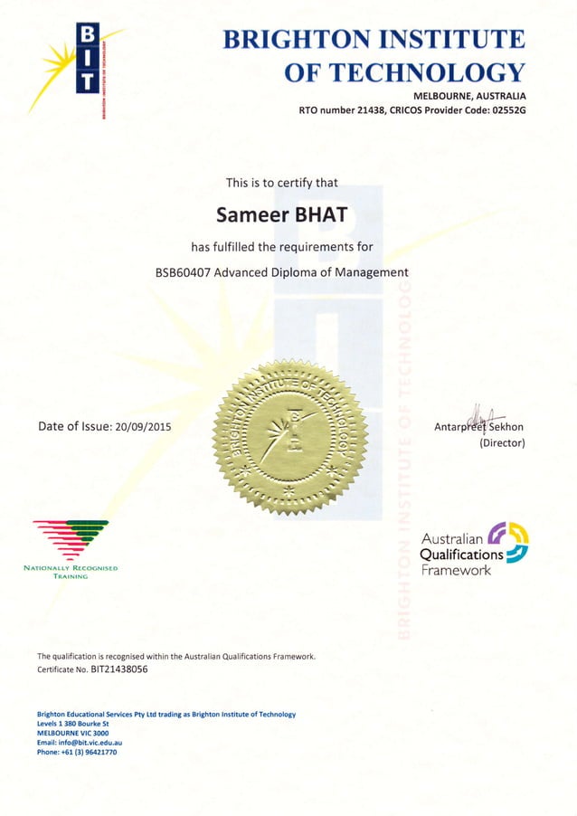 Adv Diploma of Mgmt Certificate and Academic Transcript | PDF