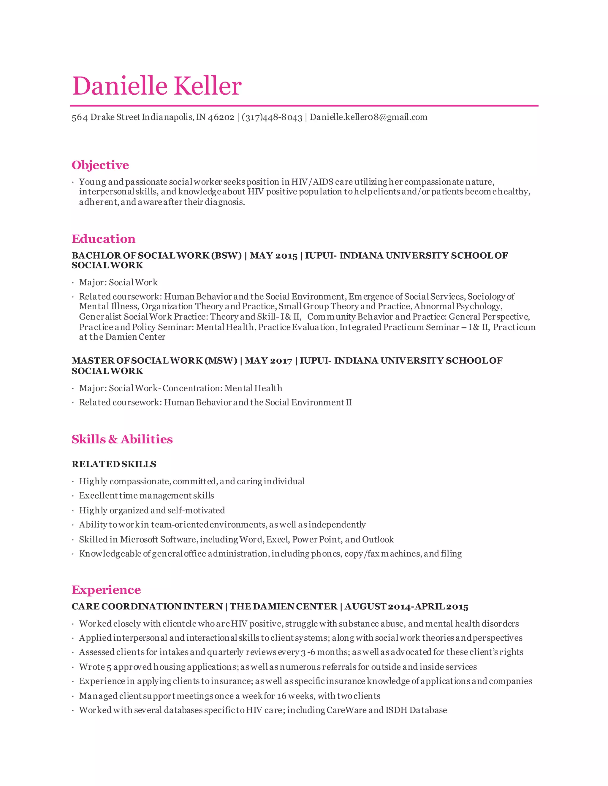 Danielle Keller's HIV Care Resume | DOCX