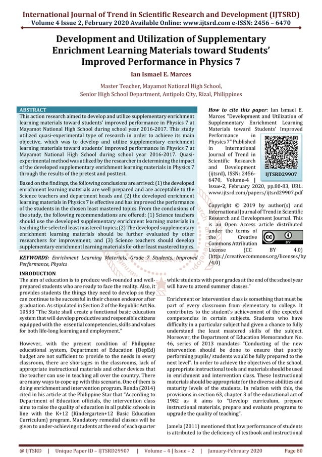 Development and Utilization of Supplementary Enrichment Learning Materials toward Students ...