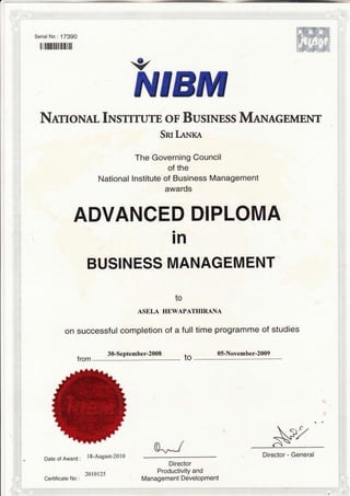 NIBM Advance Diploma Cert. | PDF
