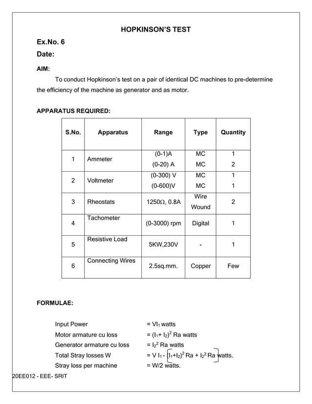 20EE012 electrical machines -1 lab manual | PDF