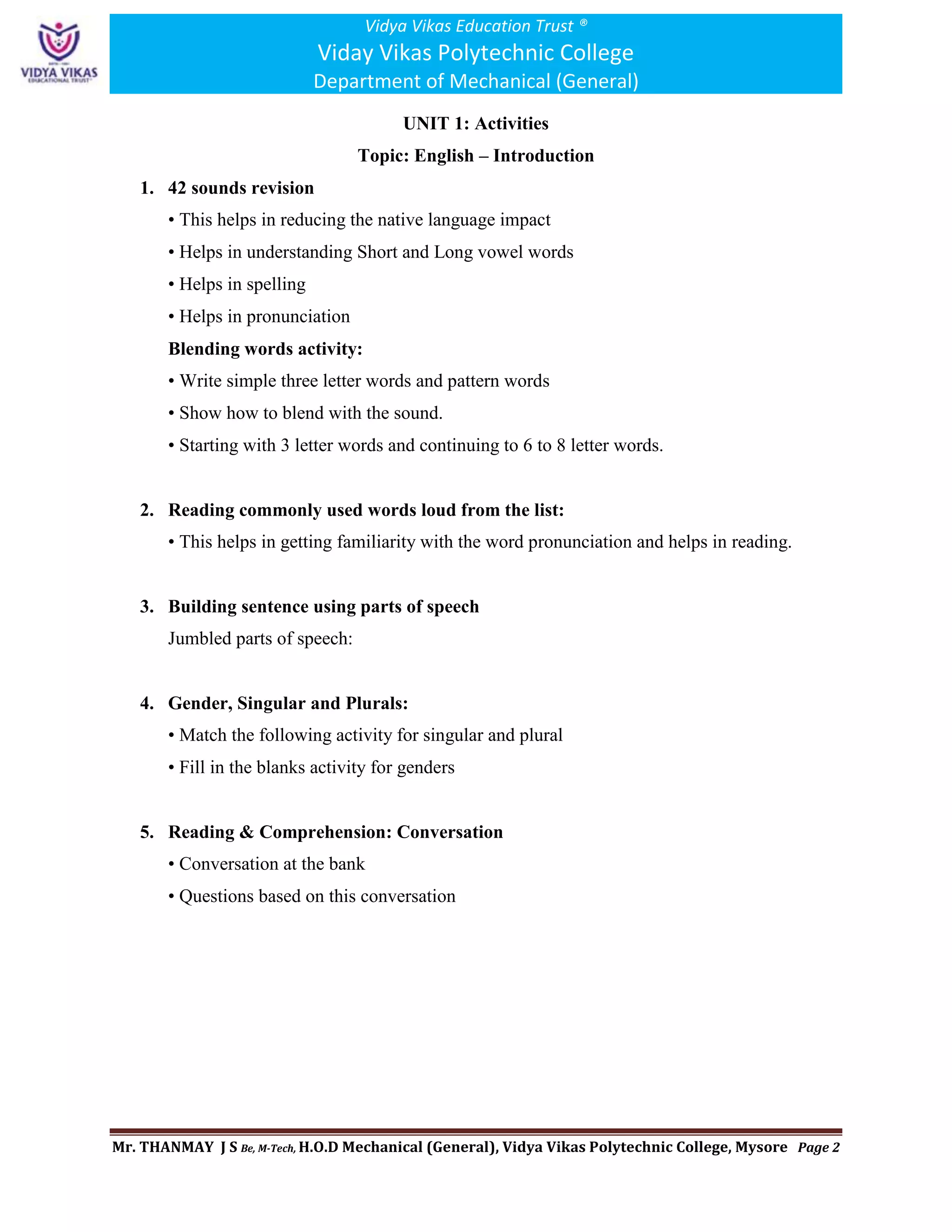 Communication skill in English work book unit 01 | PDF
