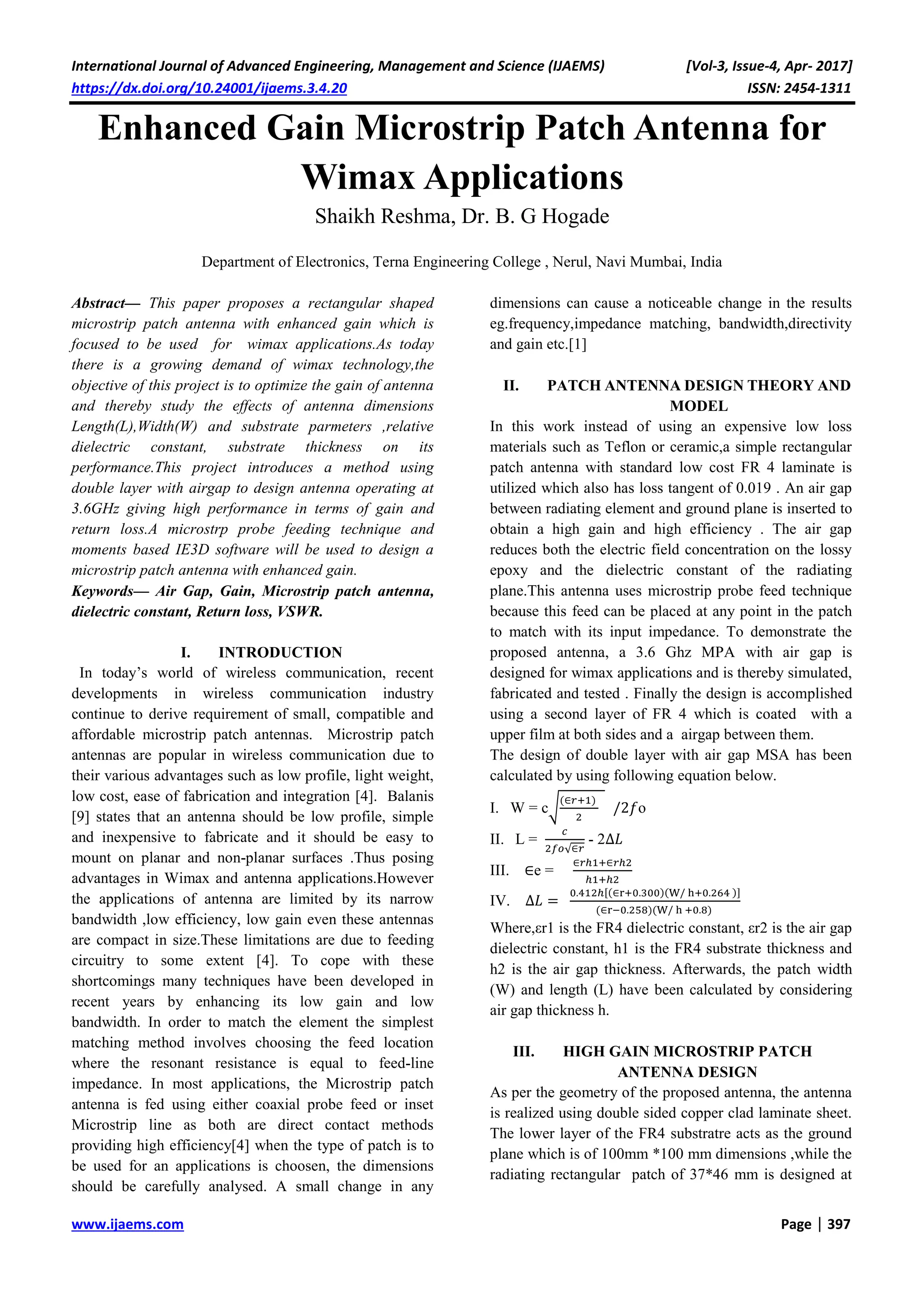 Enhanced Gain Microstrip Patch Antenna for Wimax Applications | PDF