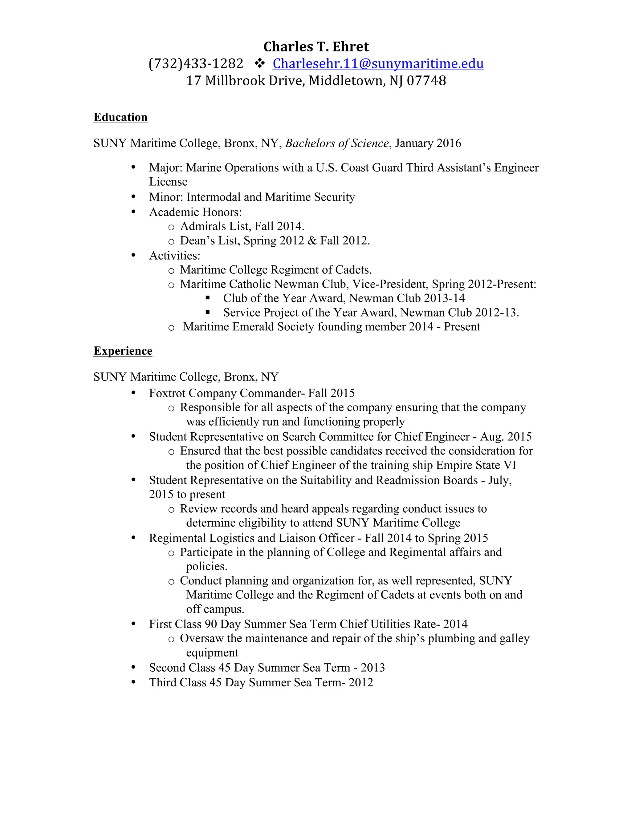Charles T Ehret Detailed Resume | PDF