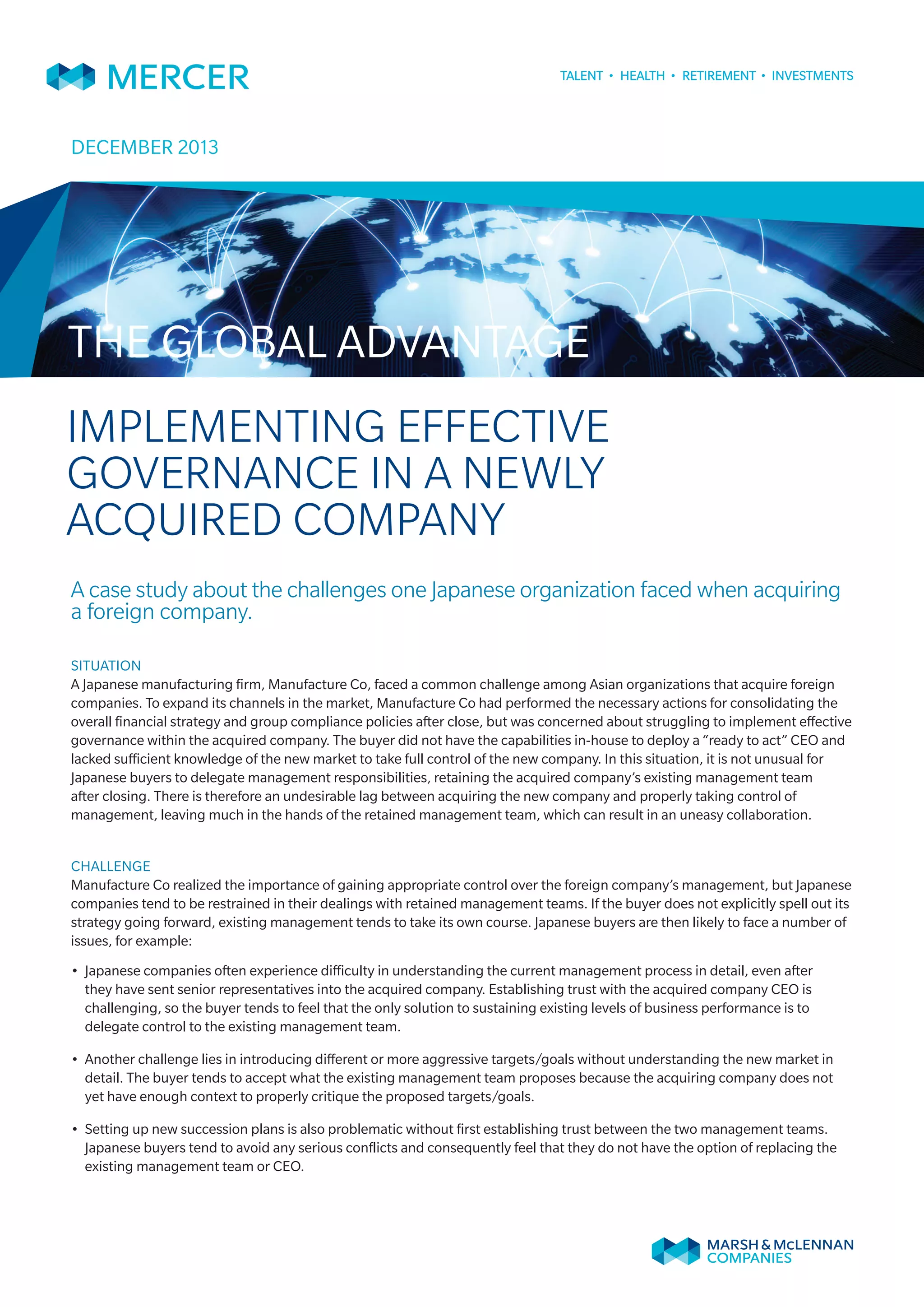 Mercer - Implementing Effective Governance in a newly Acquired Company ...