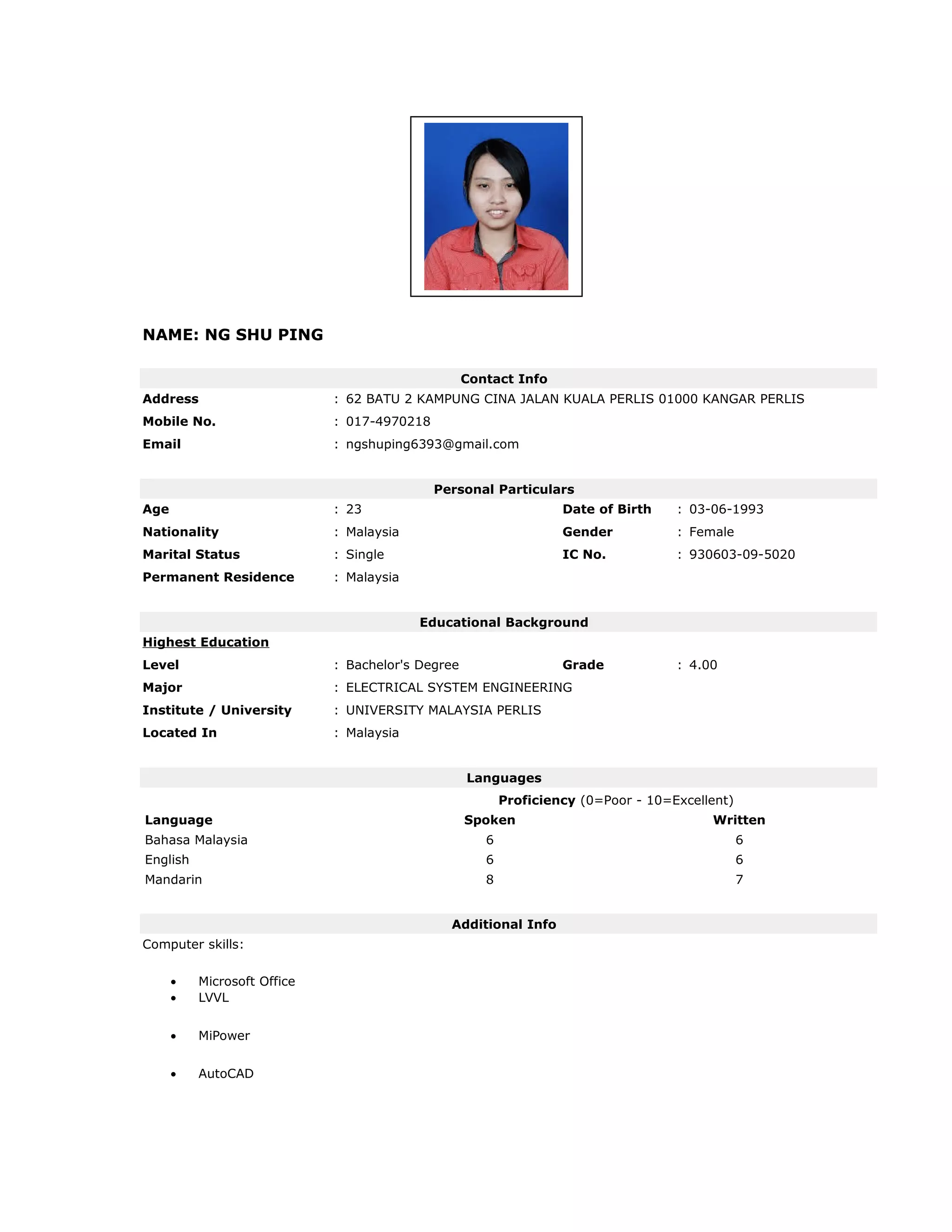 Resume(NG SHU PING) | DOC