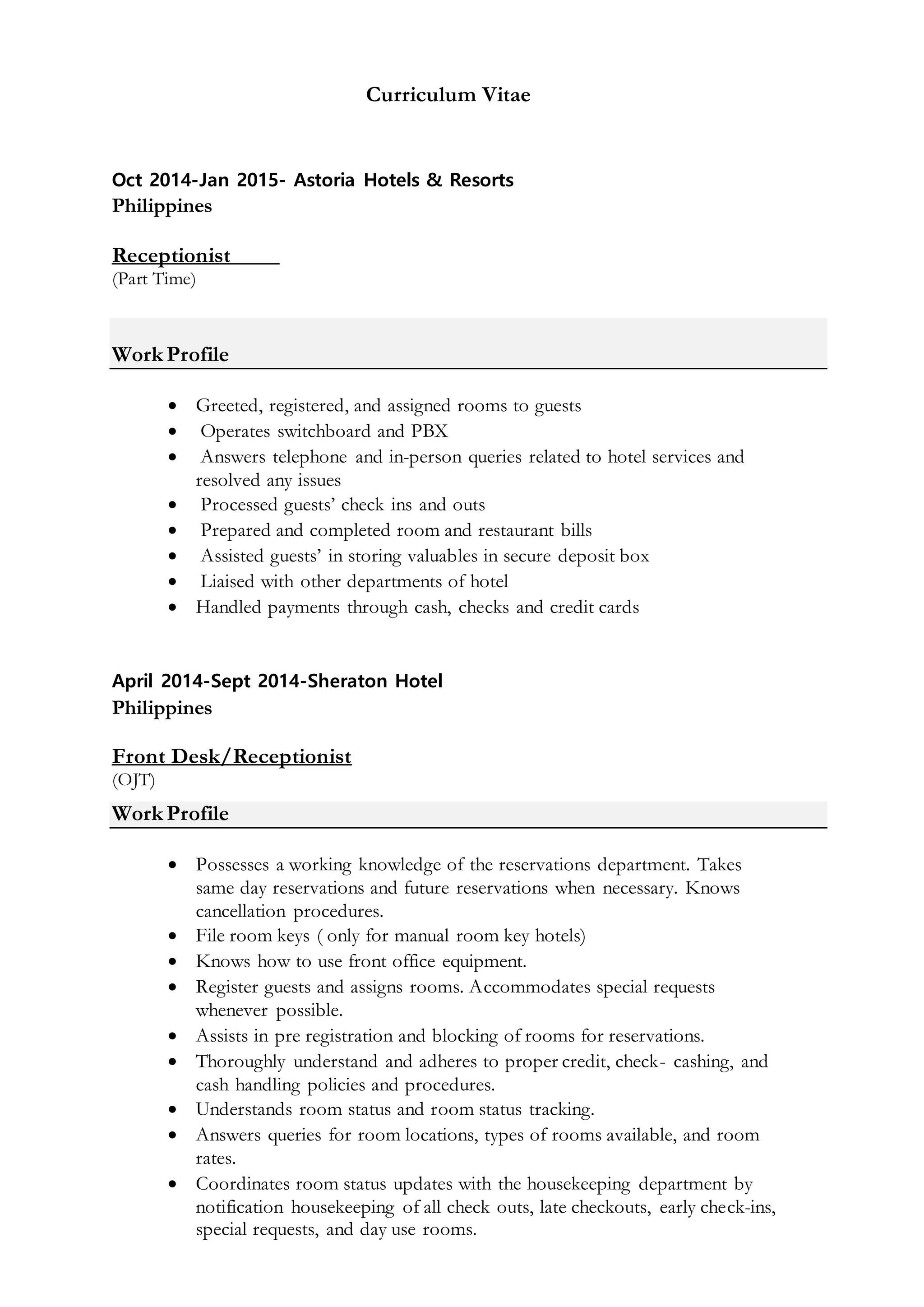 CV - Charmaine Carpio - Receptionist | DOCX | Hospitality Industry ...