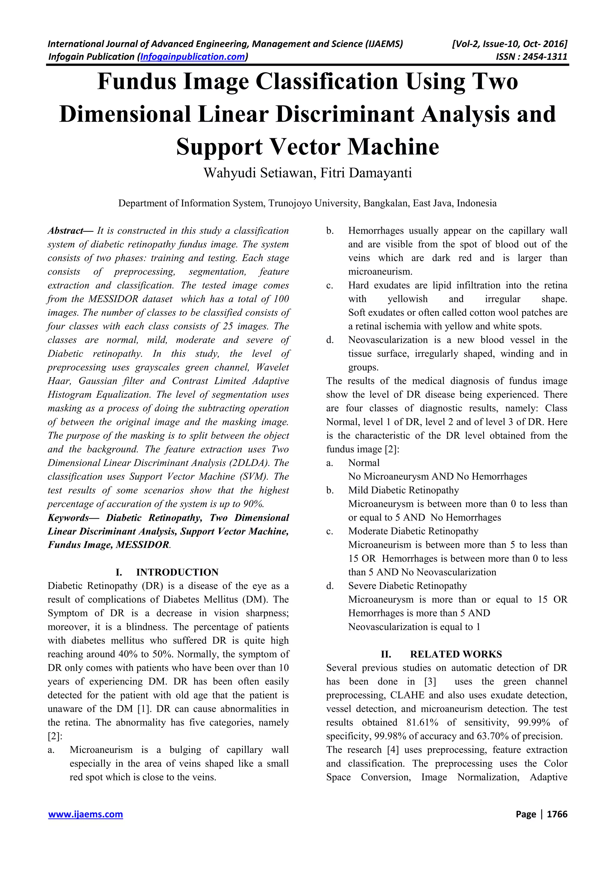 Fundus Image Classification Using Two Dimensional Linear Discriminant Analysis and Support ...