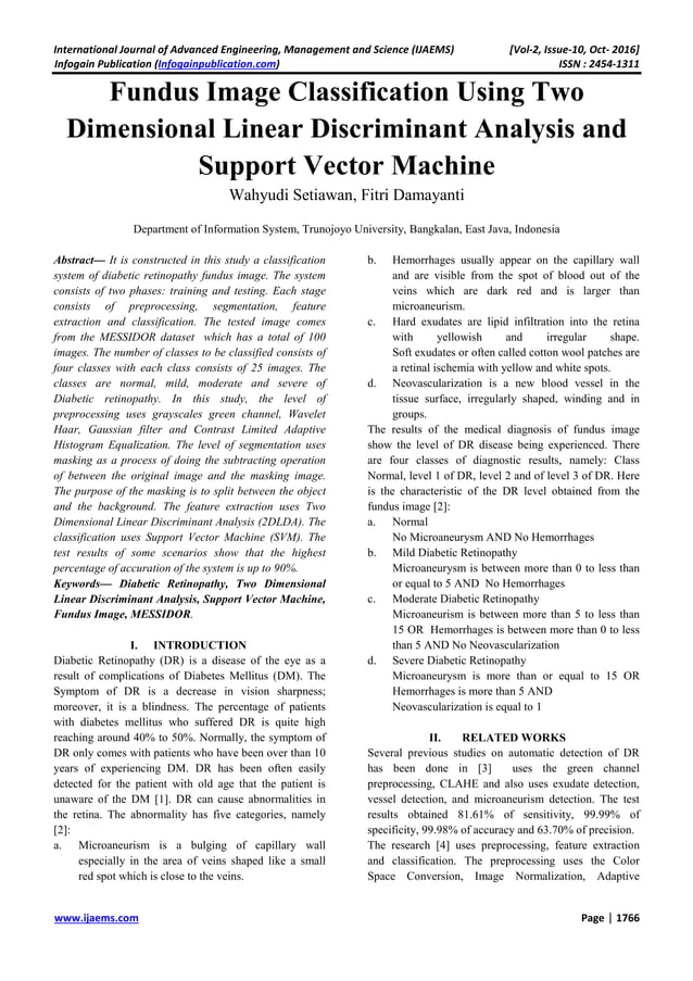 Fundus Image Classification Using Two Dimensional Linear Discriminant Analysis and Support ...