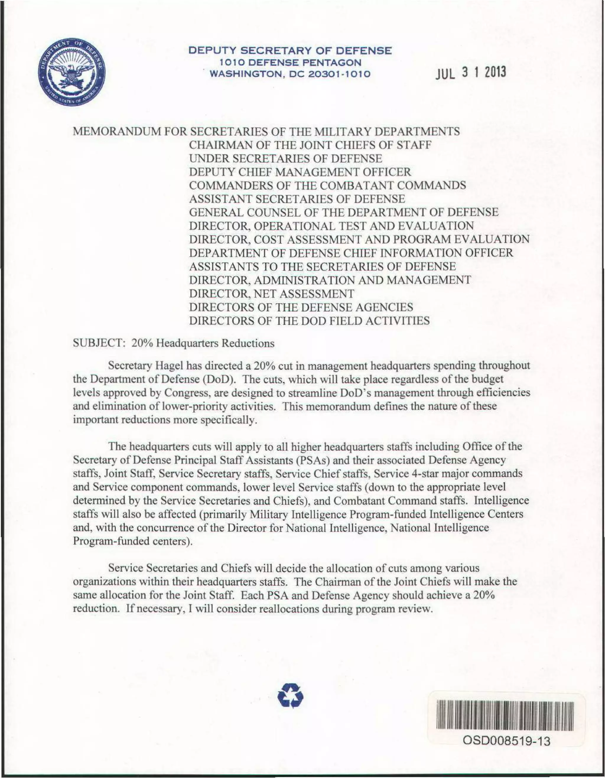 Ashton Carter 20% Headquarters Management Reduction Memo 31 July 2013 ...