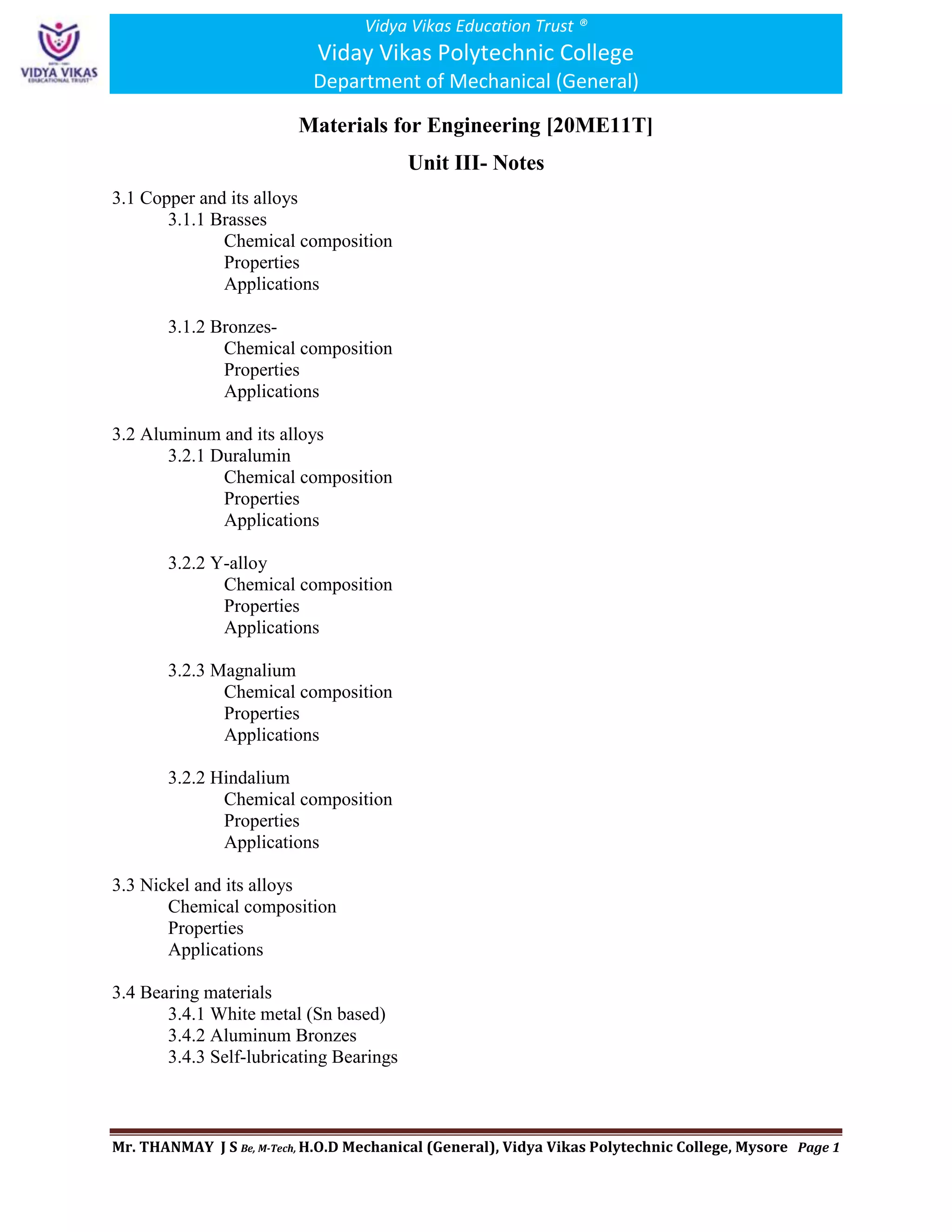 Materials for Engineering 20ME11T DTE Karnataka C-20 syllabus | PDF