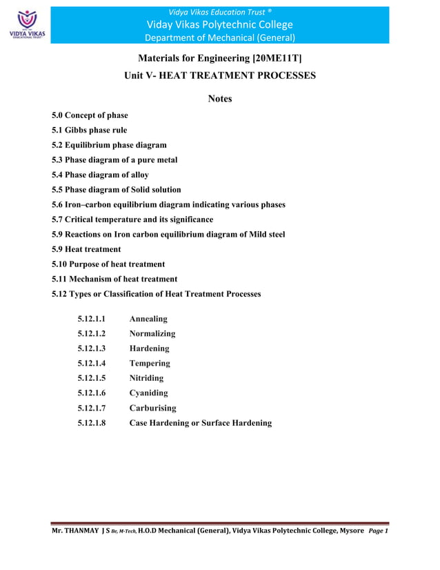 Materials for Engineering 20ME11T Unit V HEAT TREATMENT PROCESSES | PDF