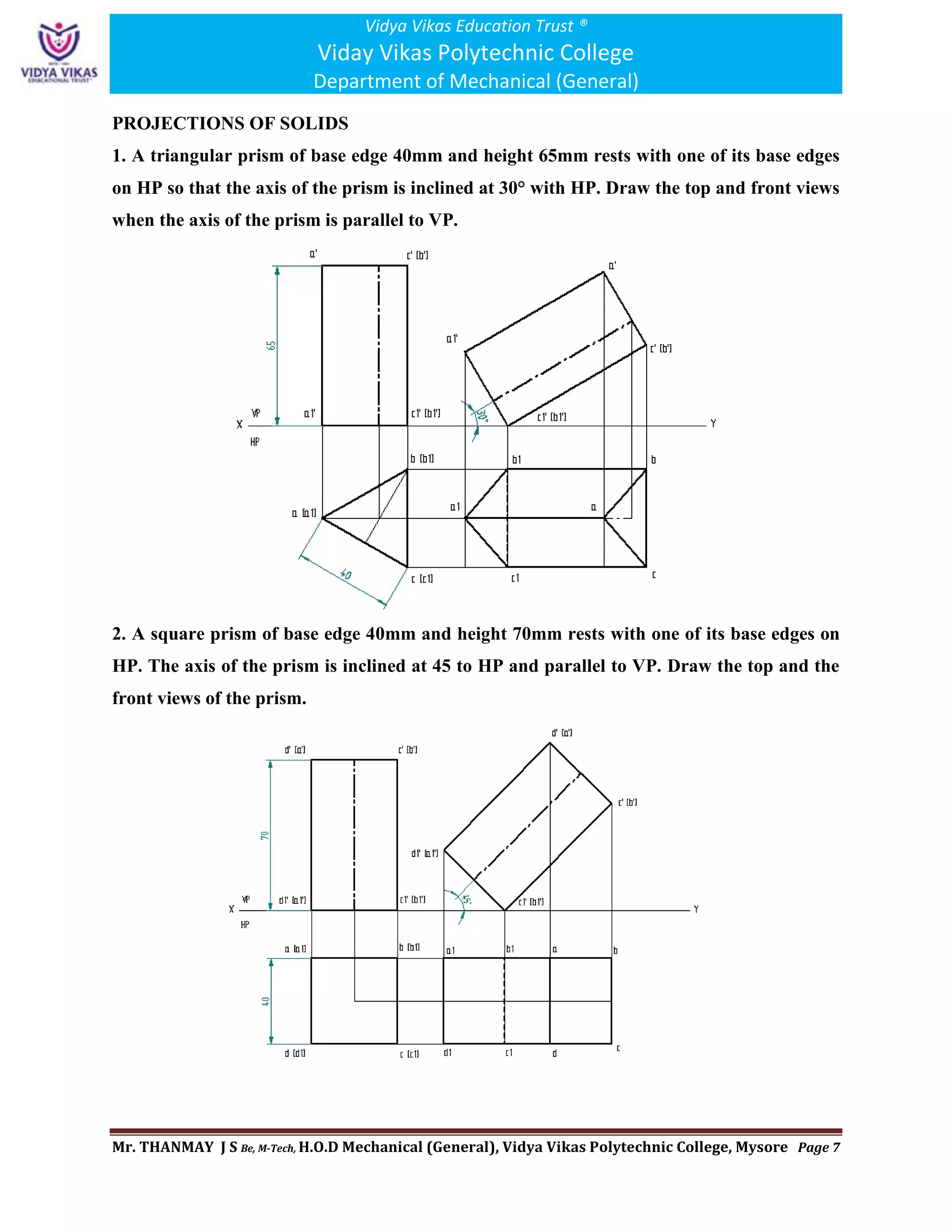 Computer Aided Engineering Drawing 20ME12P Unit 02 Part 04 PROJECTIONS OF SOLIDS | PDF