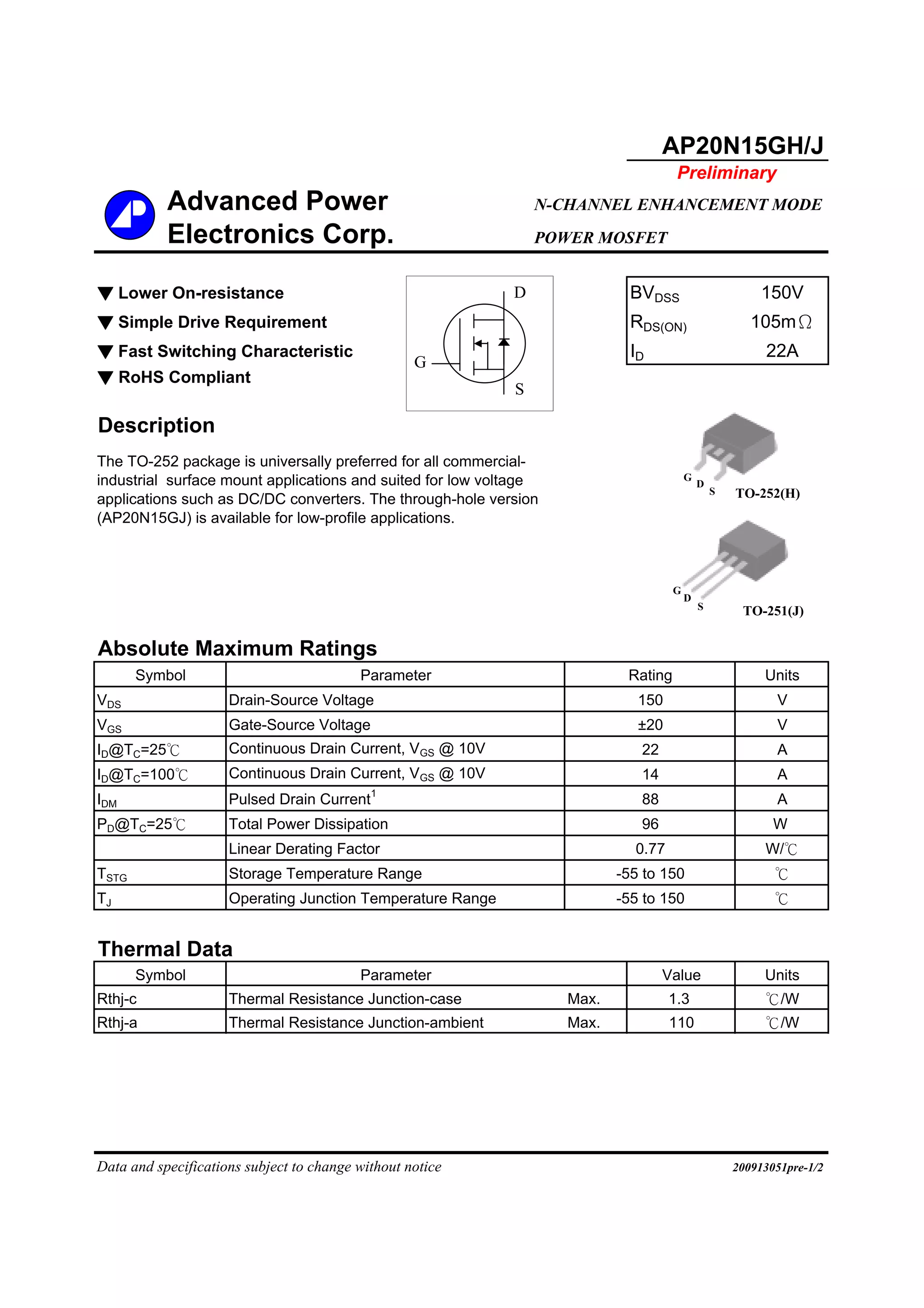 Original N-Channel Mosfet IC 20N15GH 20N15 TO-252 New Advanced Power ...
