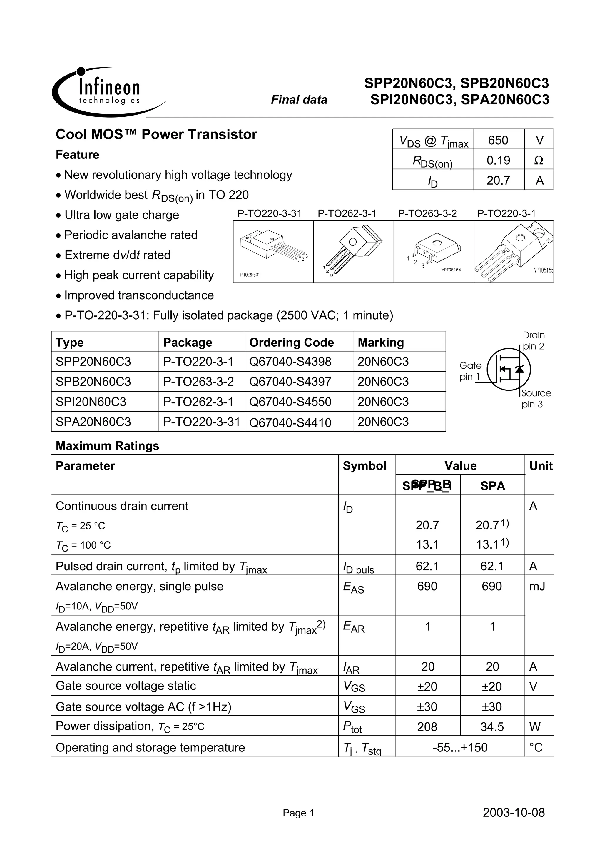 Original N-CHANNEL MOSFET SPP20N60C3 20N60C3 20N60 20A 600V TO-220 New ...