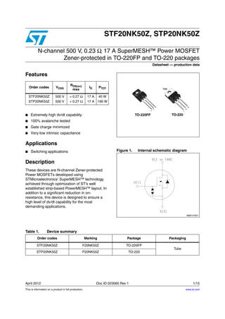 Original N-CHANNEL Mosfet STP20NK50Z 20NK50 20A 500V TO-220 New STMicroelectronics | PDF