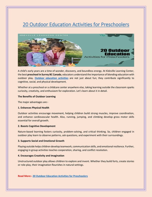 20 Outdoor Education Activities for Preschoolers | PDF