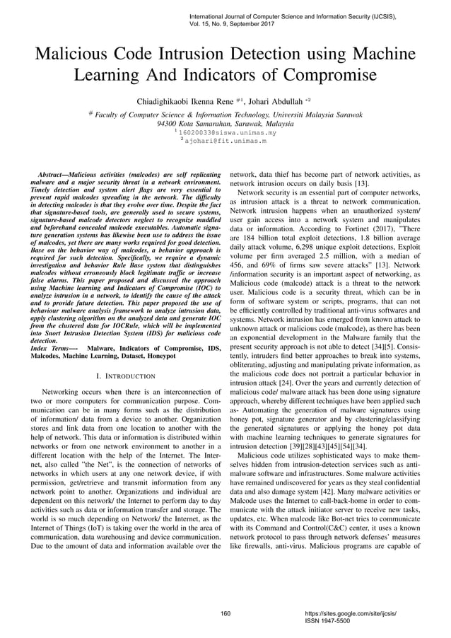 Malicious Code Intrusion Detection using Machine Learning and Indicators of Compromise | PDF