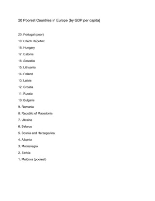 20 Poorest Countries in Europe (by GDP per capita) | PDF