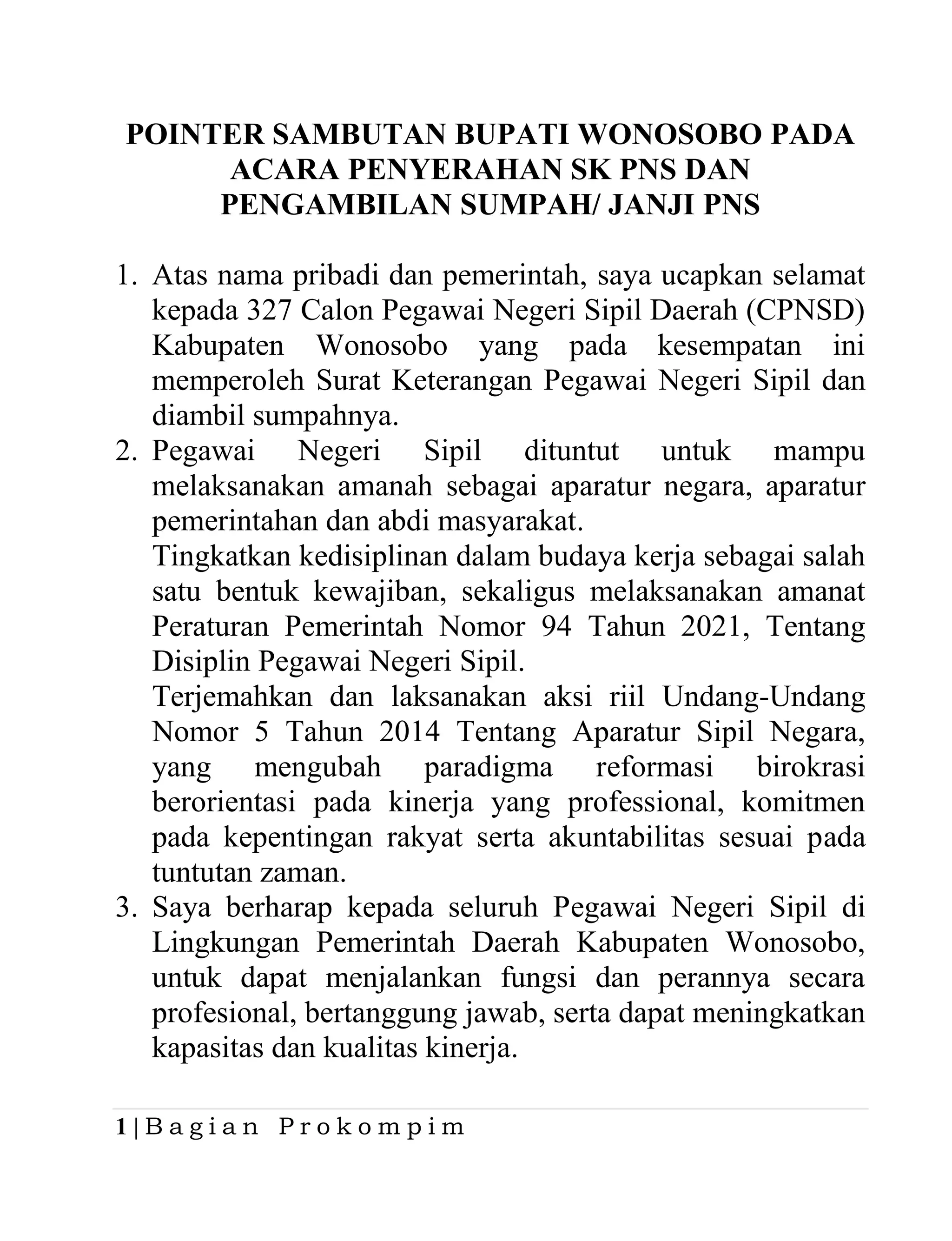 20 sept, sambutan penyerahan sk dan pengambilan sumpah pns kabupaten wonosobo | PDF