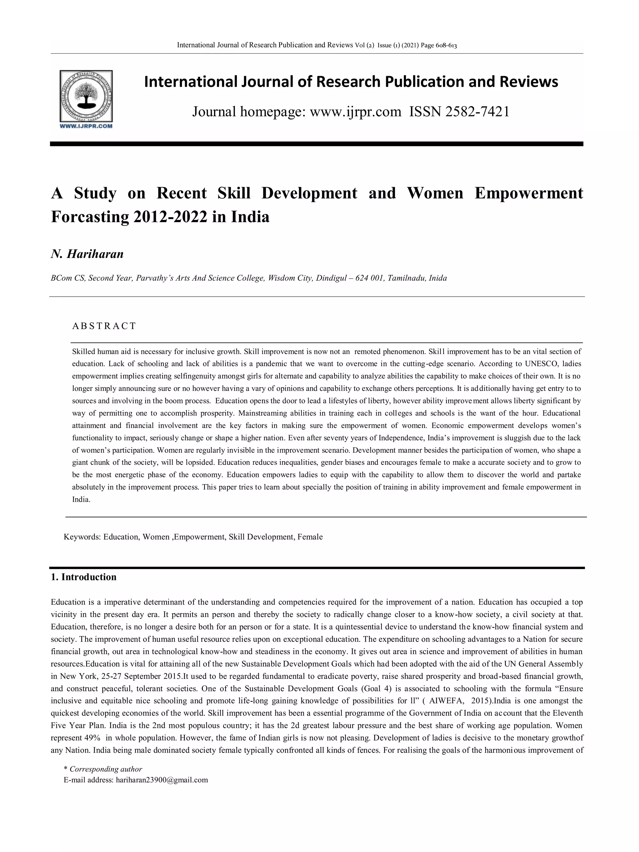20 A STUDY ON RECENT SKILL DEVELOPMENT AND WOMEN EMPOWERMENT FORCASTING ...