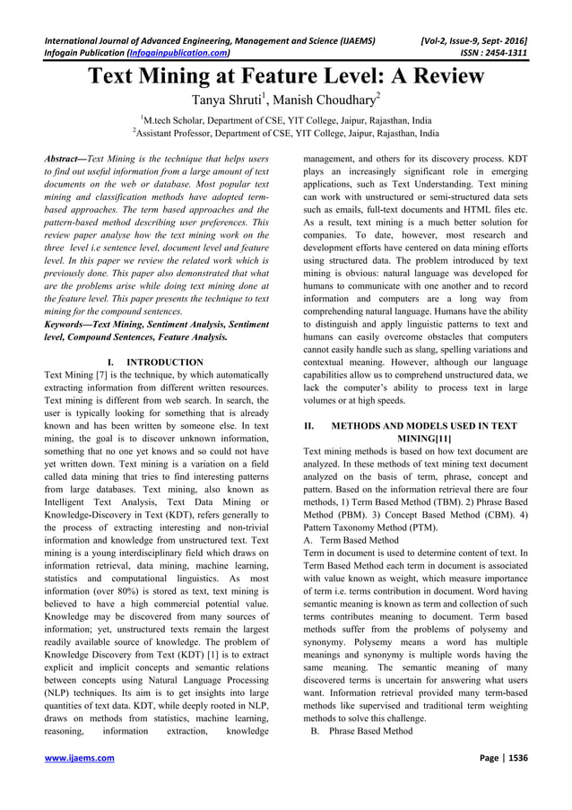 Text Mining at Feature Level: A Review | PDF