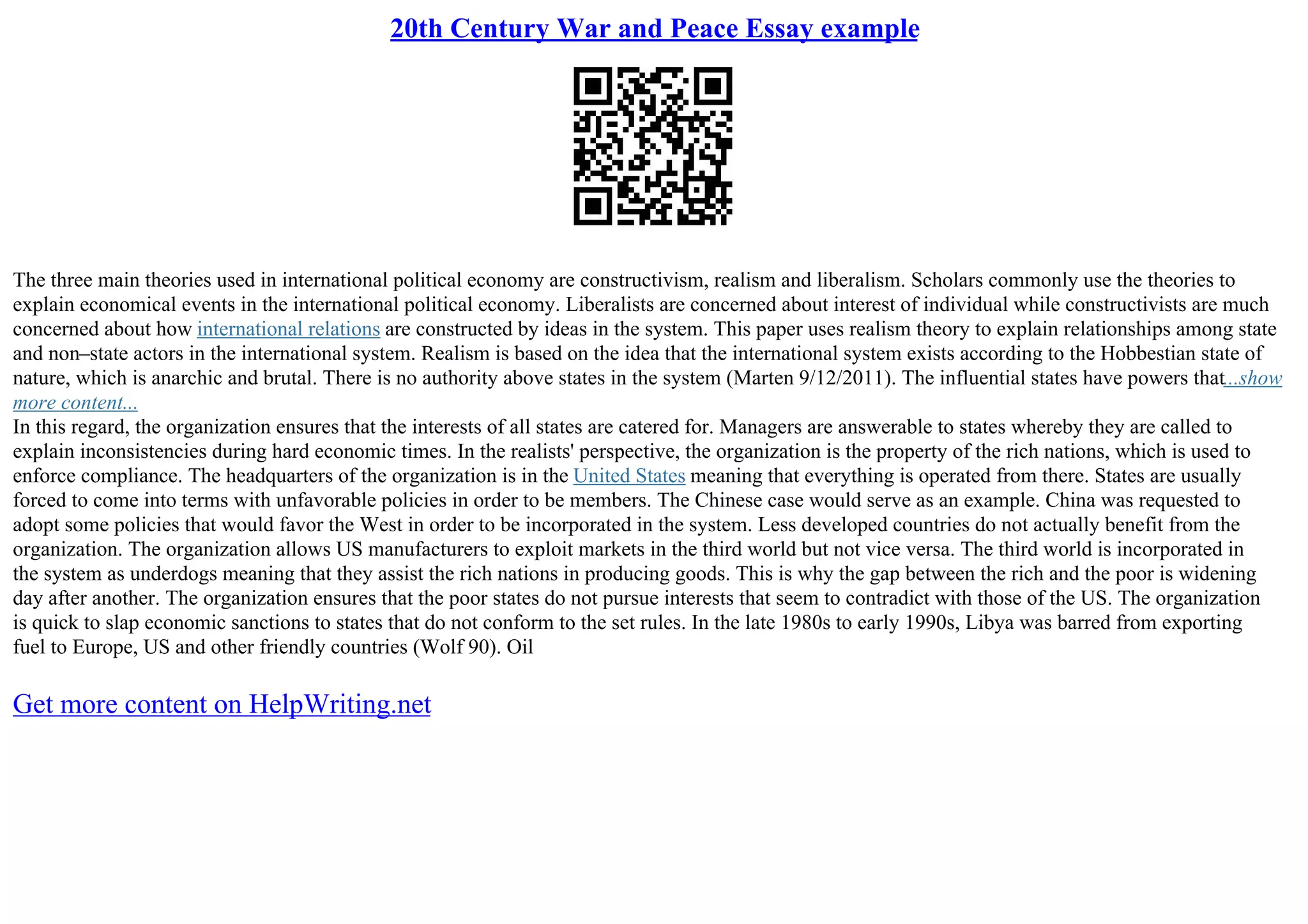 20Th Century War And Peace Essay Example | PDF