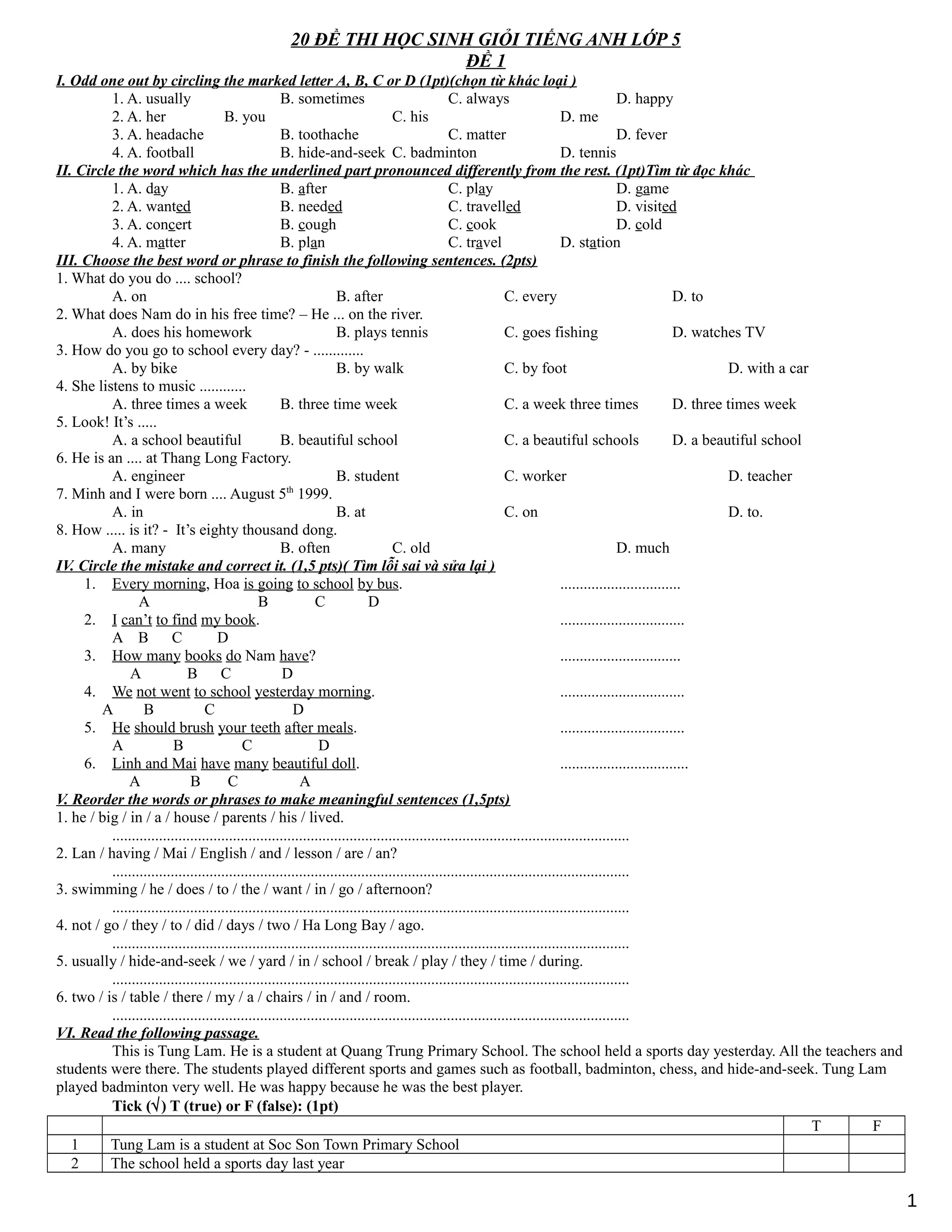 20 đề thi học sinh giỏi tiếng anh lớp 5 | DOC