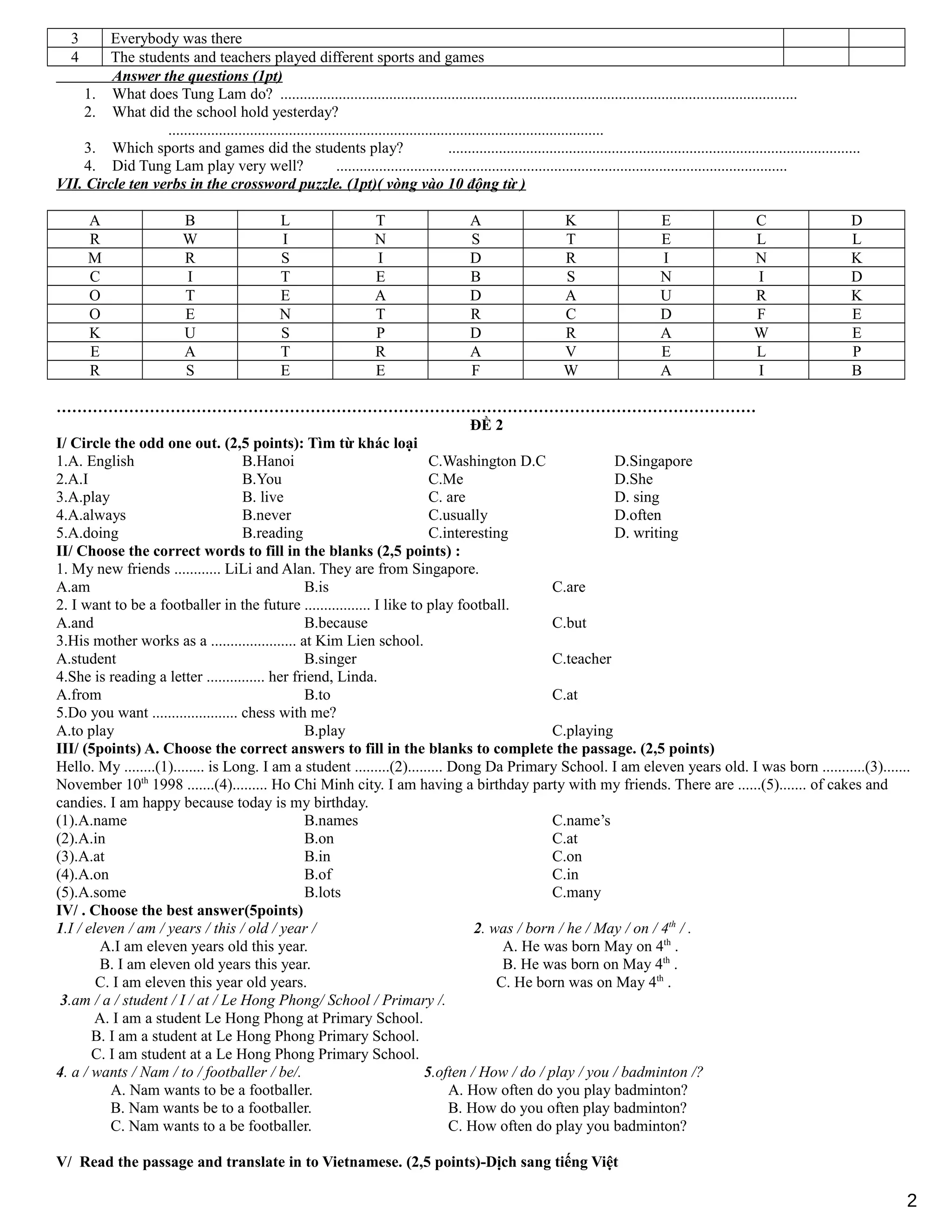20 đề thi học sinh giỏi tiếng anh lớp 5 | DOC