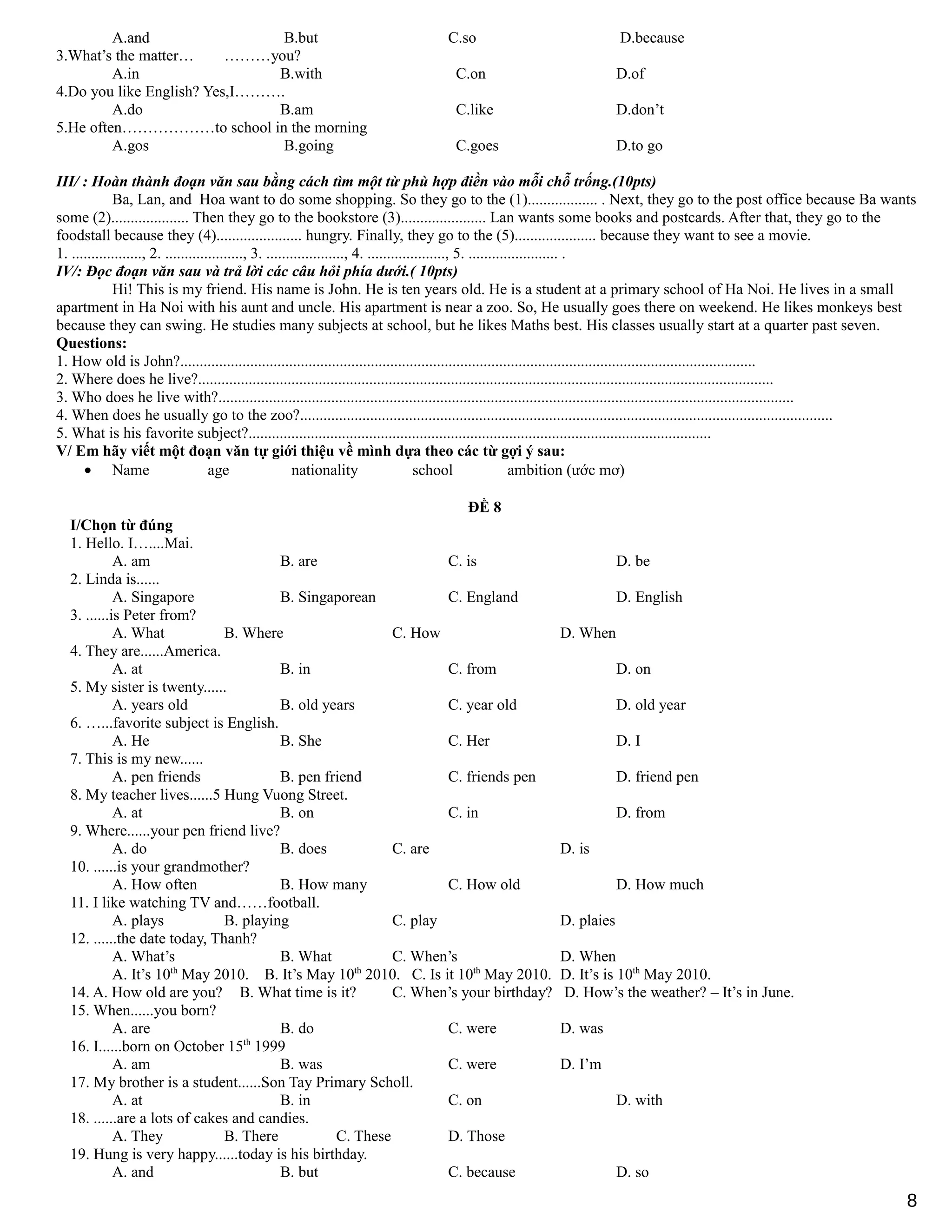 20 đề thi học sinh giỏi tiếng anh lớp 5 | DOC