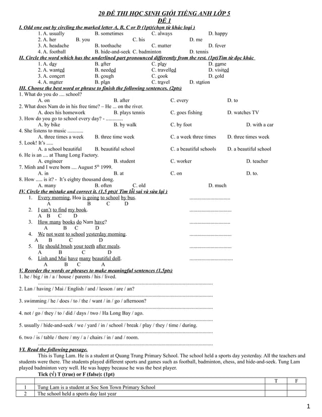 20 đề thi học sinh giỏi tiếng anh lớp 5 | DOC