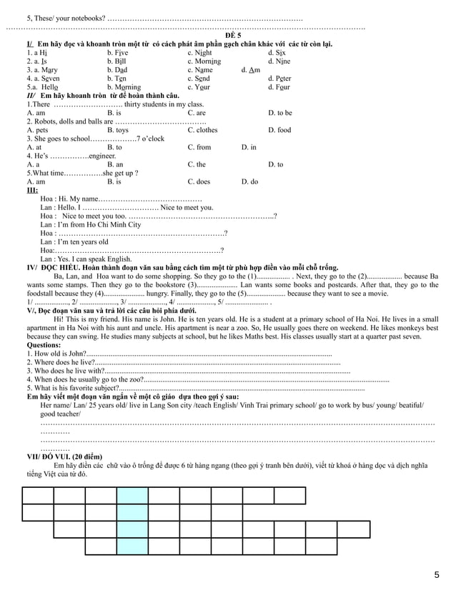 20 đề thi học sinh giỏi tiếng anh lớp 5 | DOC