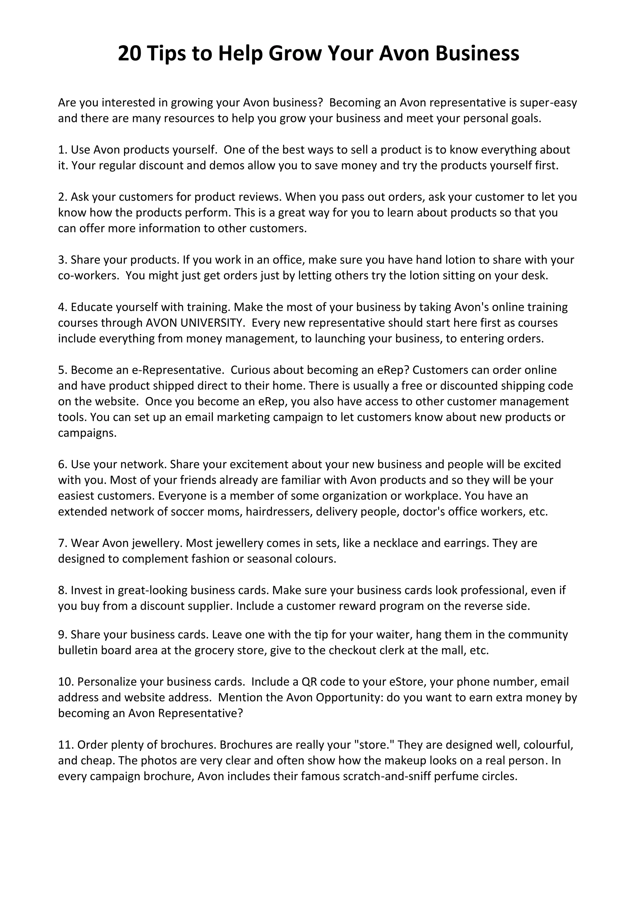 20 Tips to Help Grow Your Avon Business | PDF