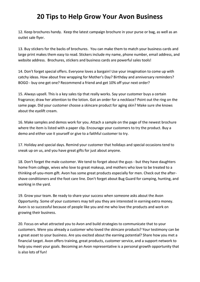 20 Tips to Help Grow Your Avon Business | PDF | Skin Care | Beauty