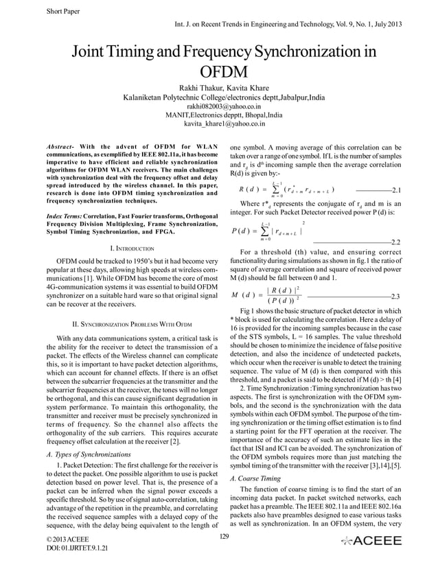 Joint Timing And Frequency Synchronization In Ofdm Pdf Computer Networking Computing