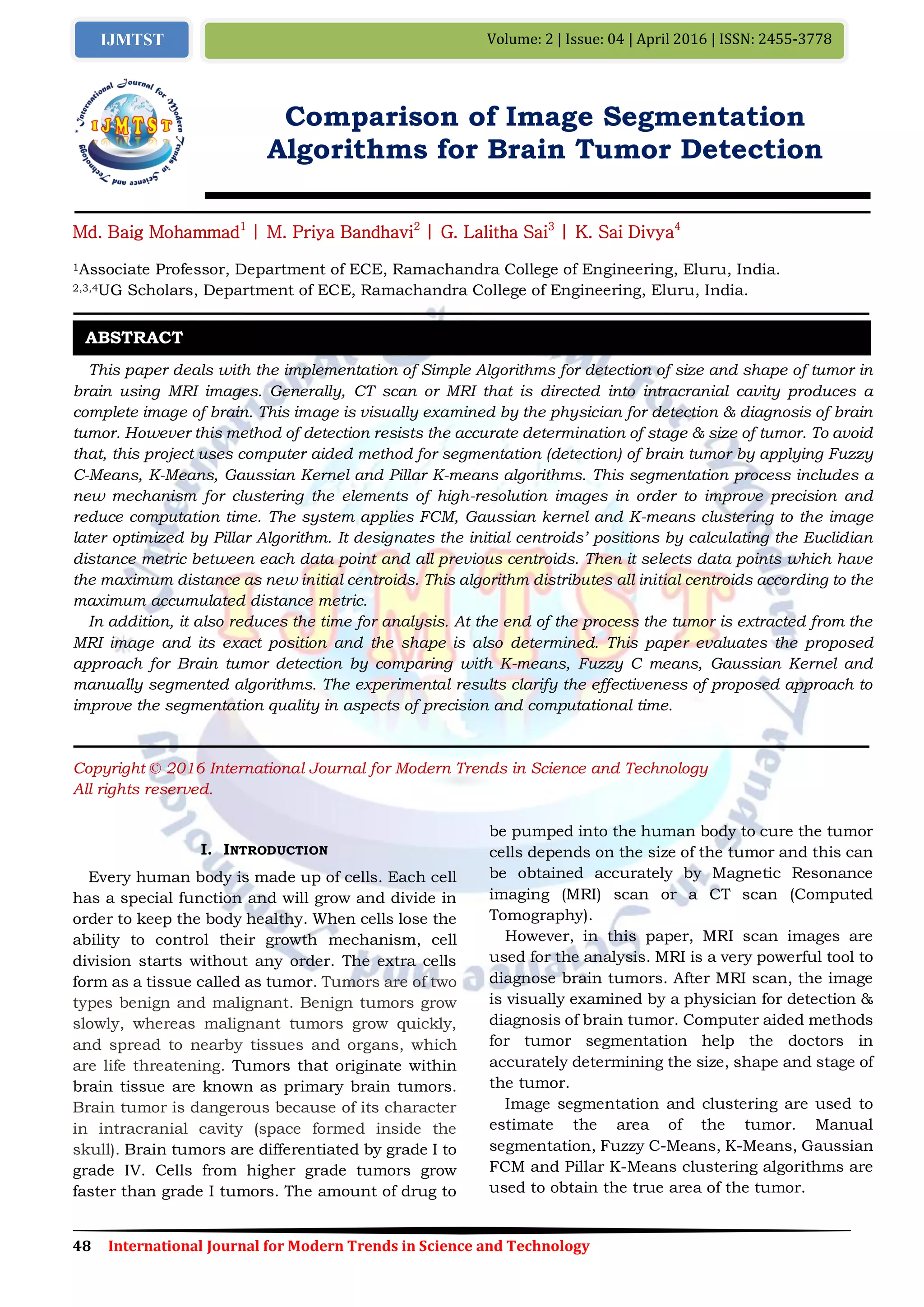 Comparison Of Image Segmentation Algorithms For Brain Tumor Detection