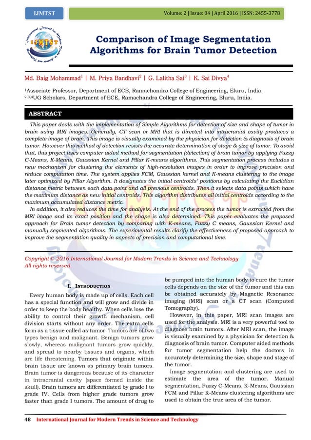 Comparison Of Image Segmentation Algorithms For Brain Tumor Detection