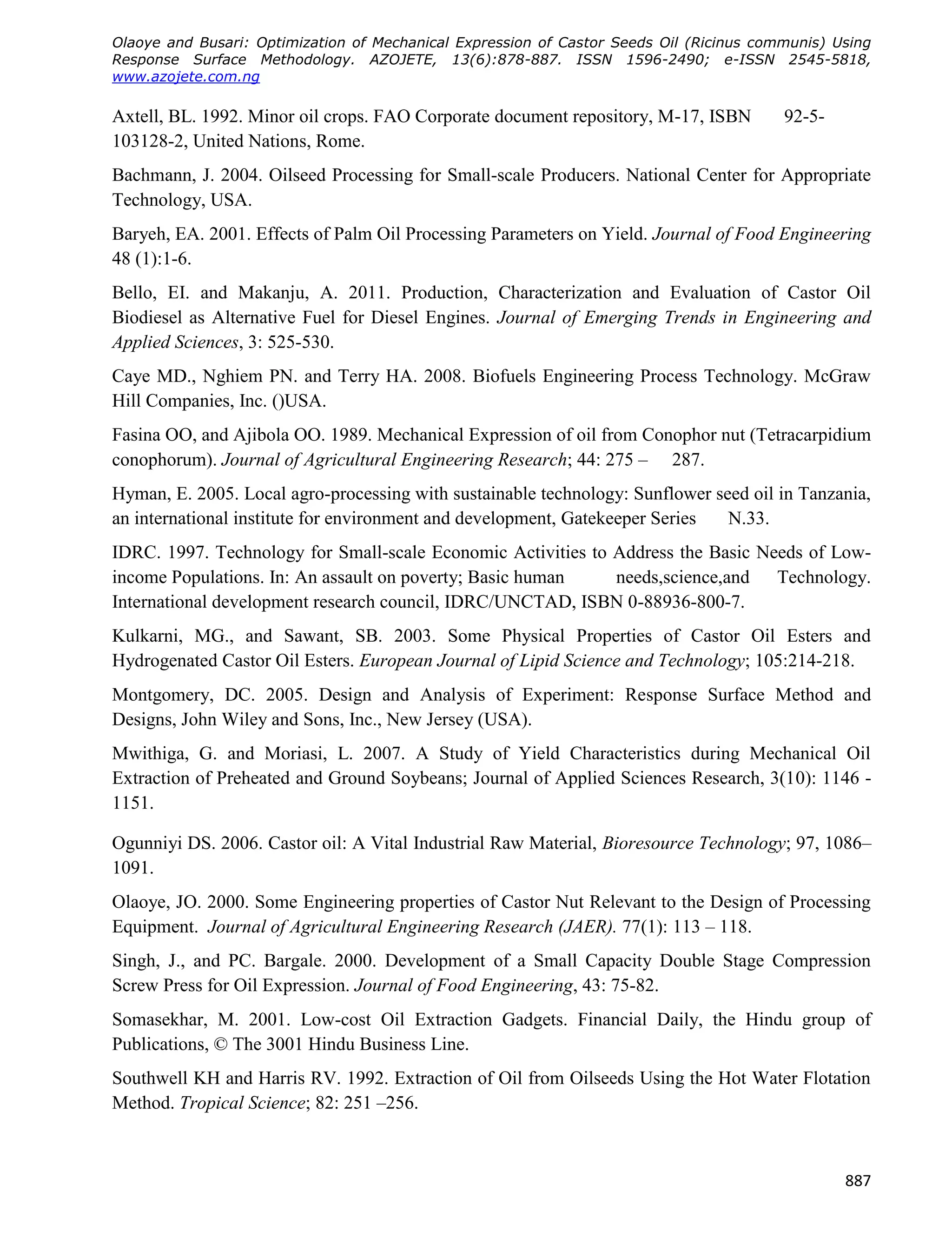 Optimization of Mechanical Expression of Castor Seeds Oil (Ricinus ...